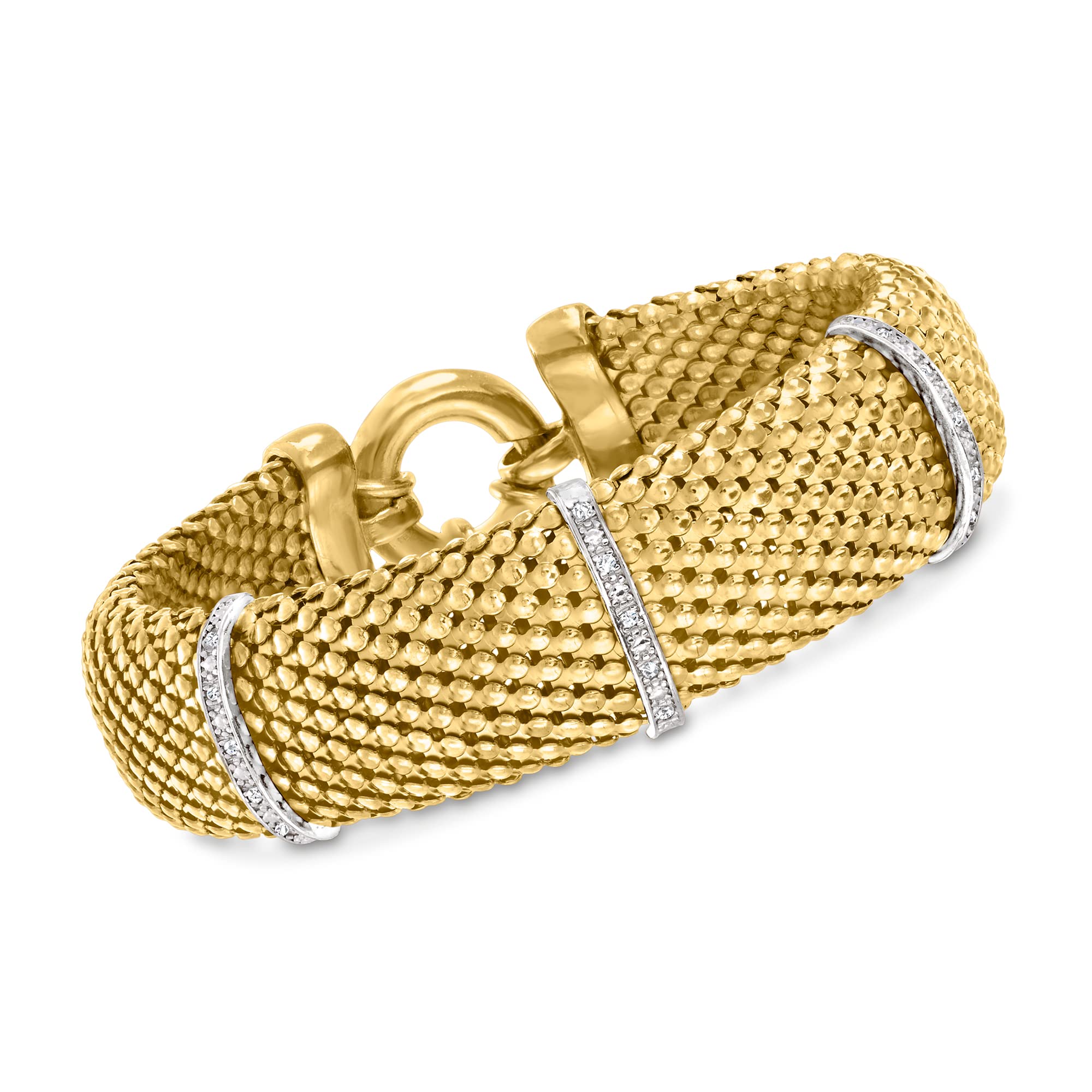 Ross-Simons Italian .15 ct. t.w. Diamond Bar Mesh Bracelet in 2-Tone Sterling Silver. 7.5 inches