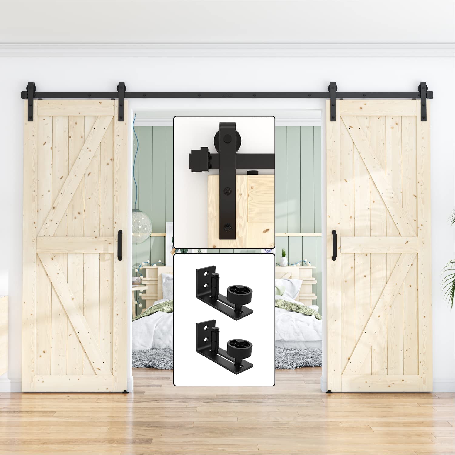 WINSOON 8FT Sliding Barn Wood Door Hardware Cabinet Closet Kit with Black Sliding Barn Door Floor Guide Wall Mounted Hardware, Set of 2, 8 Setup Options