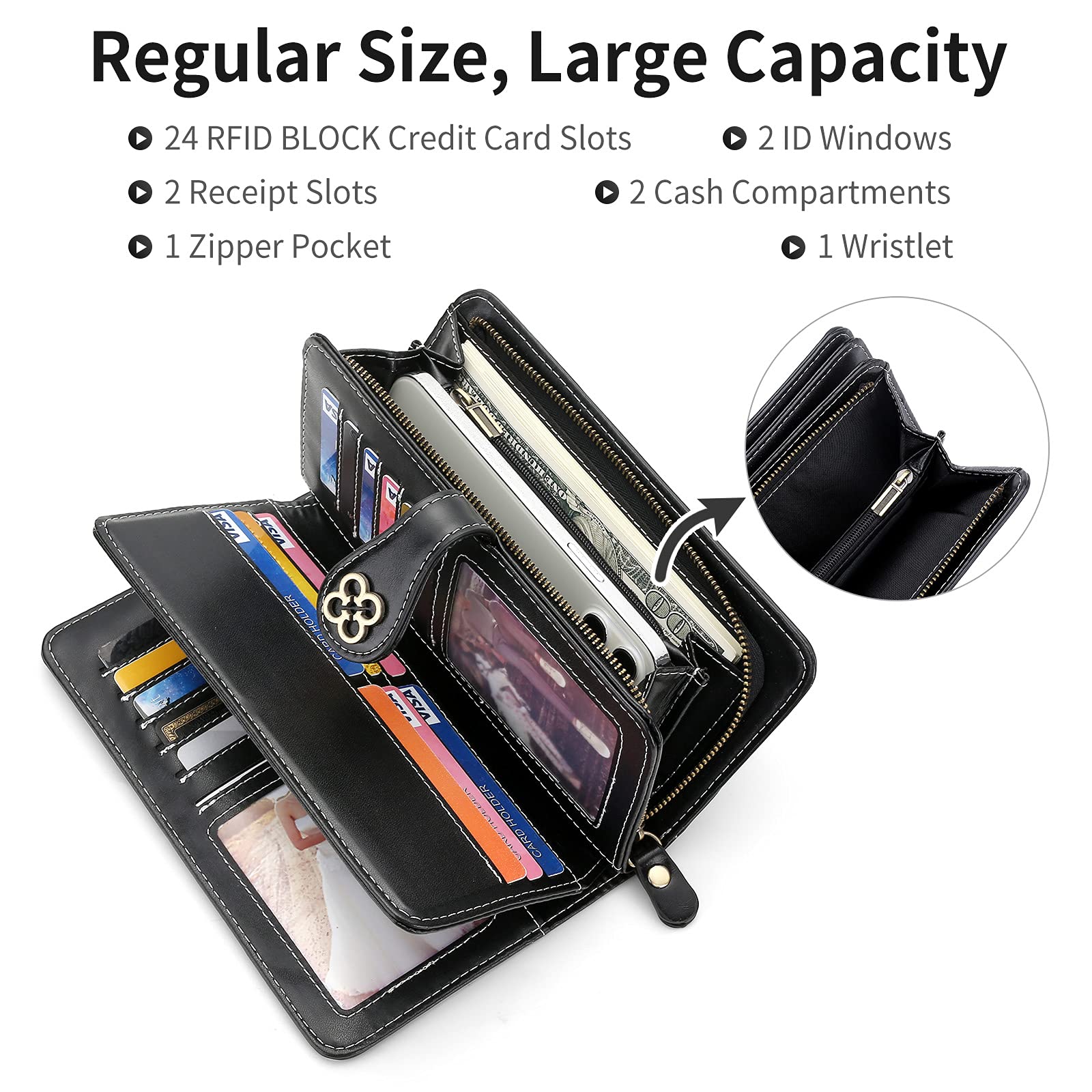 Womens Leather Wallet Ladies Wallets With Rfid Protection Black Large Capacity Trifold Change Purse Checkered Wallet Card Holder Wristlet Wallets For Women Zip Stitch Wallet
