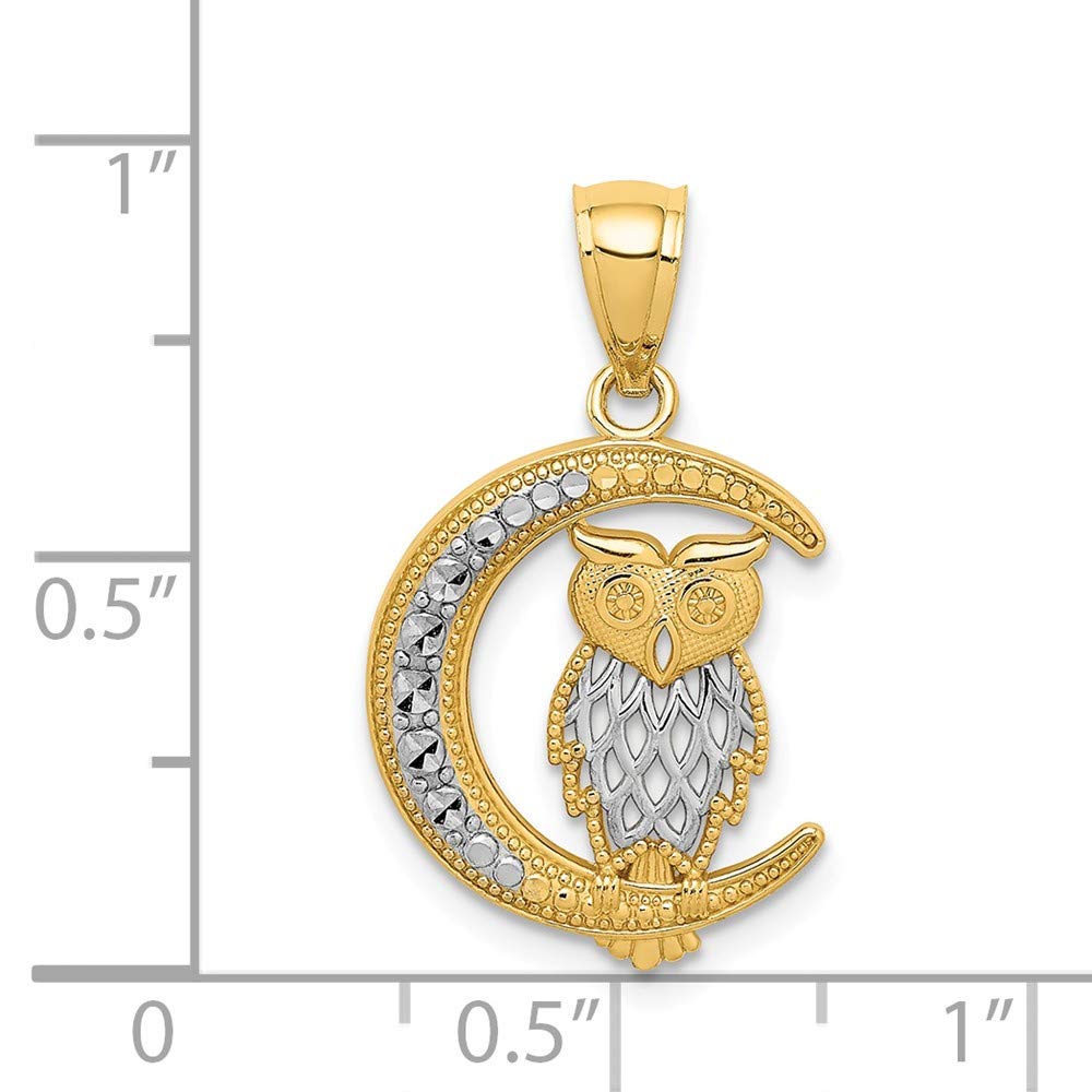 Solid 14k Yellow Gold Two Toned Diamond-Cut Owl on the Moon Pendant Charm