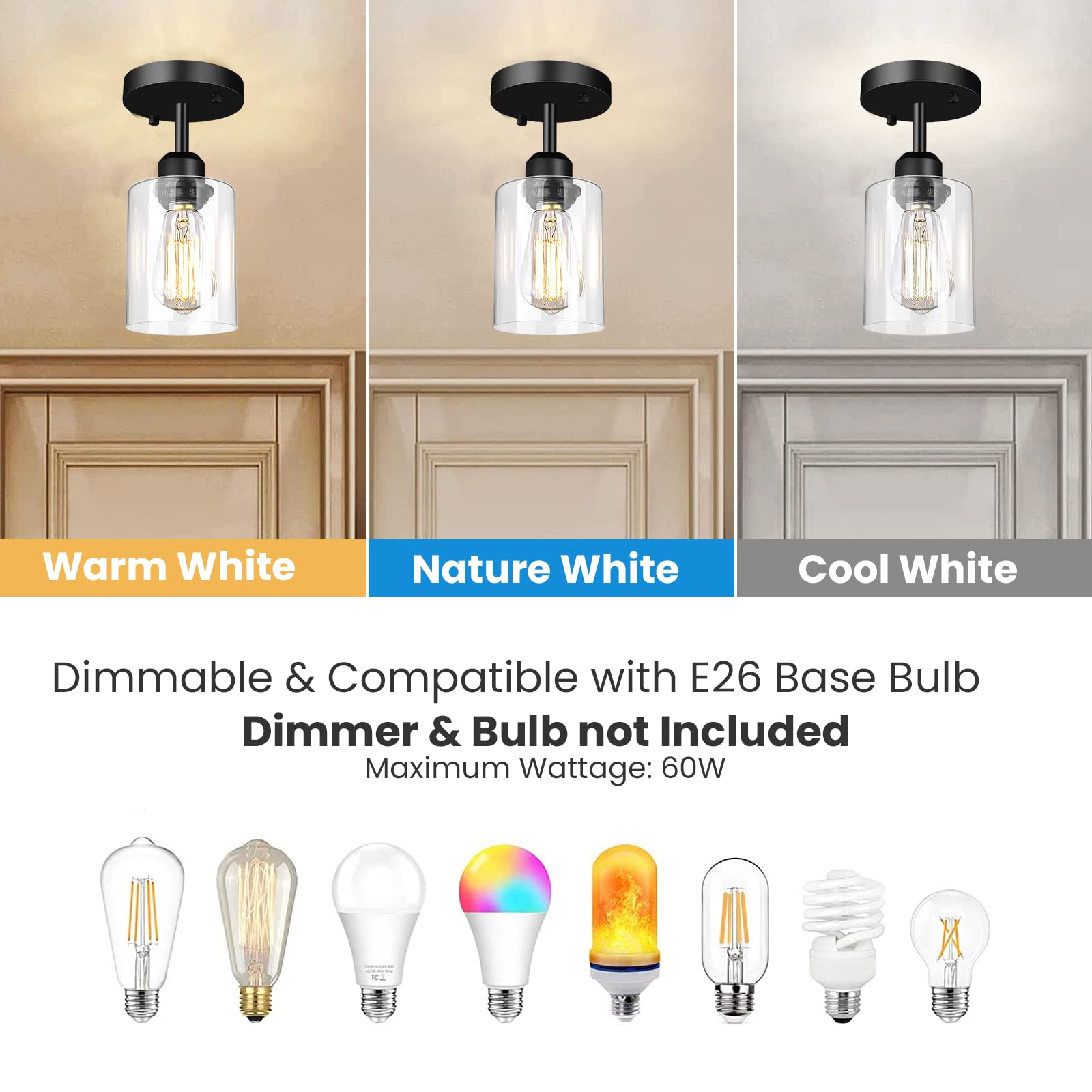 Sheetea 3-Pack Semi Flush Mount Ceiling Lights, Modern Close to Ceiling Light Fixtures with Clear Glass Shades, Black Industrial Lighting Ceiling Mount for Hallway Entryway Kitchen Bedroom Foyer