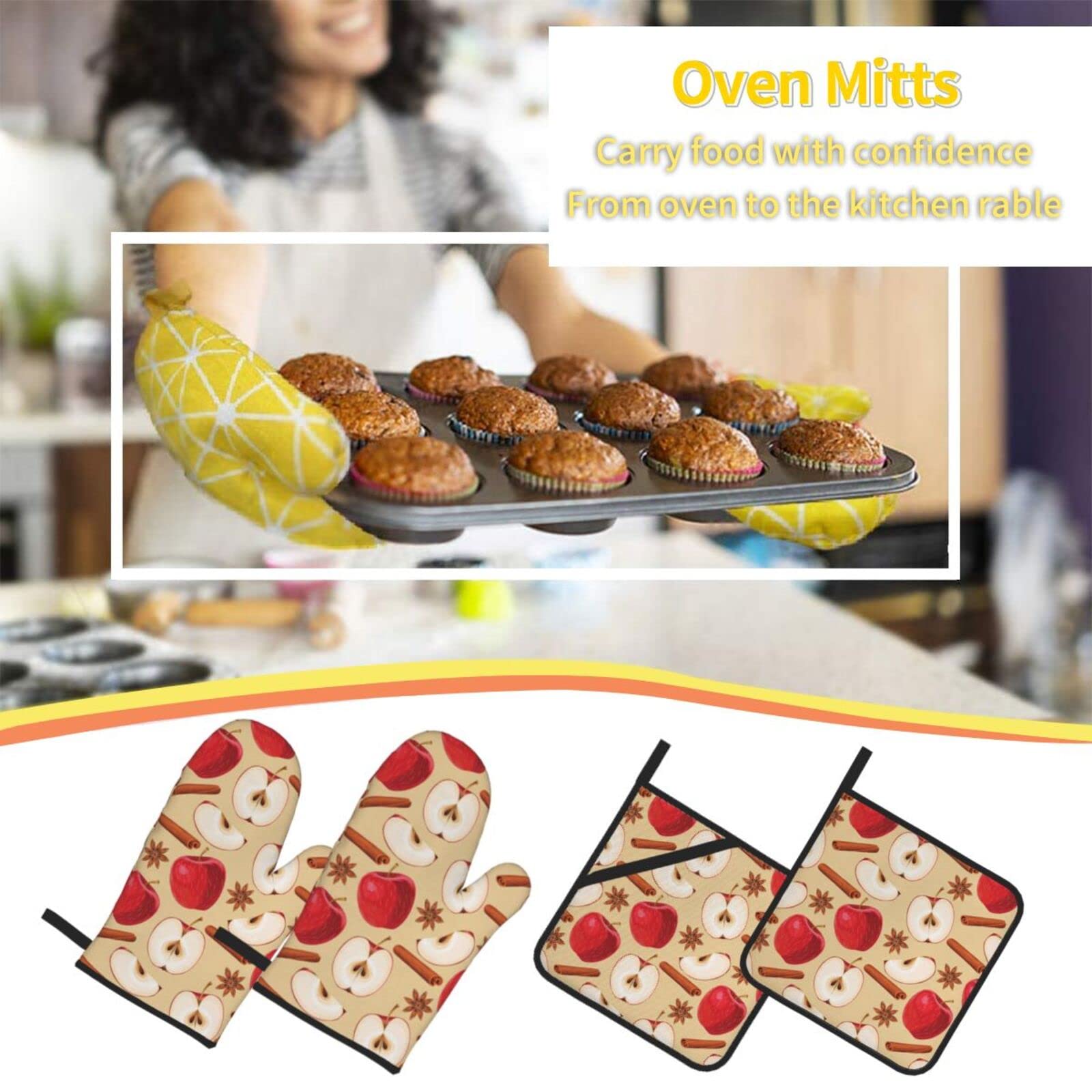ZHRYMIFE Red Apple Oven Mitts and Pot Holders Sets Kitchen Hot Pad Non-Slip Heat Resistant Waterproof Baking BBQ Cooking Gloves(4 Piece), Black, One Size