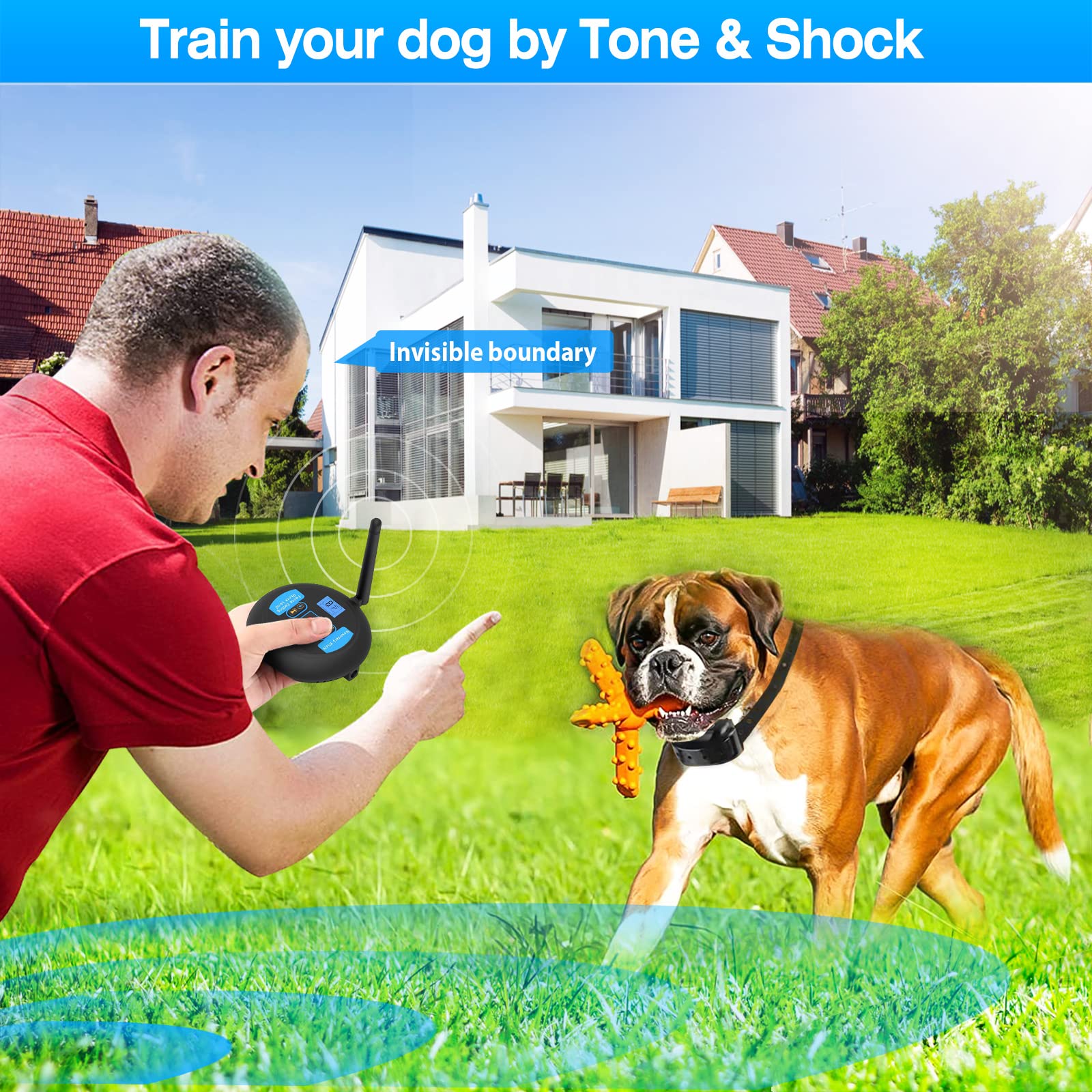 Rivulet Electric Wireless Dog Fence System Electric Fence Automatic Trigger Pet Shock Containment Boundary System Adjustable Range Up to 722ft-IPX8 Waterproof Rechargeable Collar, Small Medium Large