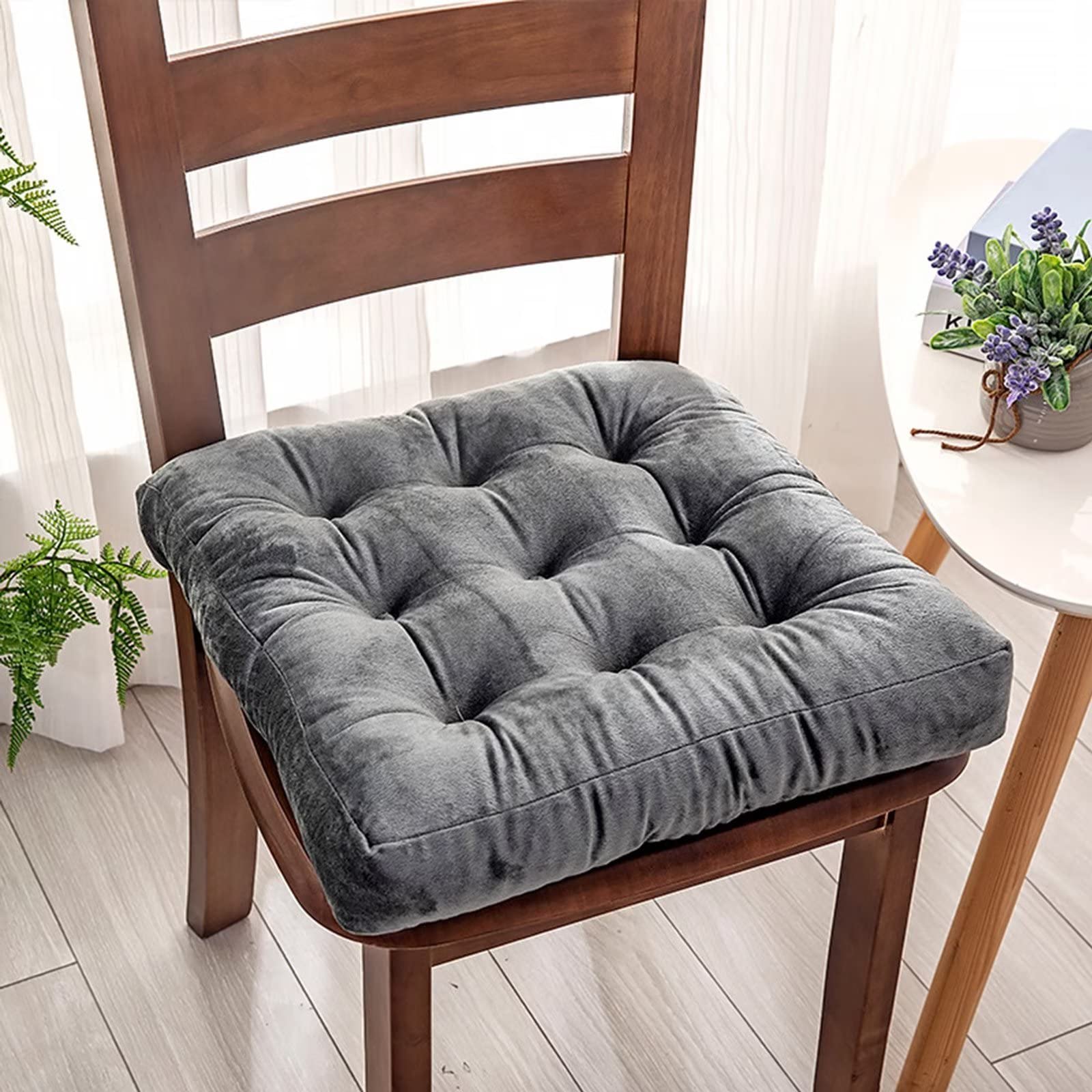 ZIBENE Dining Room Chair Cushions Set of 6 18x18, Chair Pads for Dining Chairs 6 Pack Natural Fiber, Velvet Dining Seat Cushions Washable, Indoor Outdoor Square Chair Seat Pads Extra Large Grey
