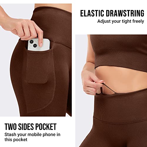 Women's Yoga Workout 2 Piece Seamless Sets with Ribbed Design, High Neck or One Shoulder Strap Top