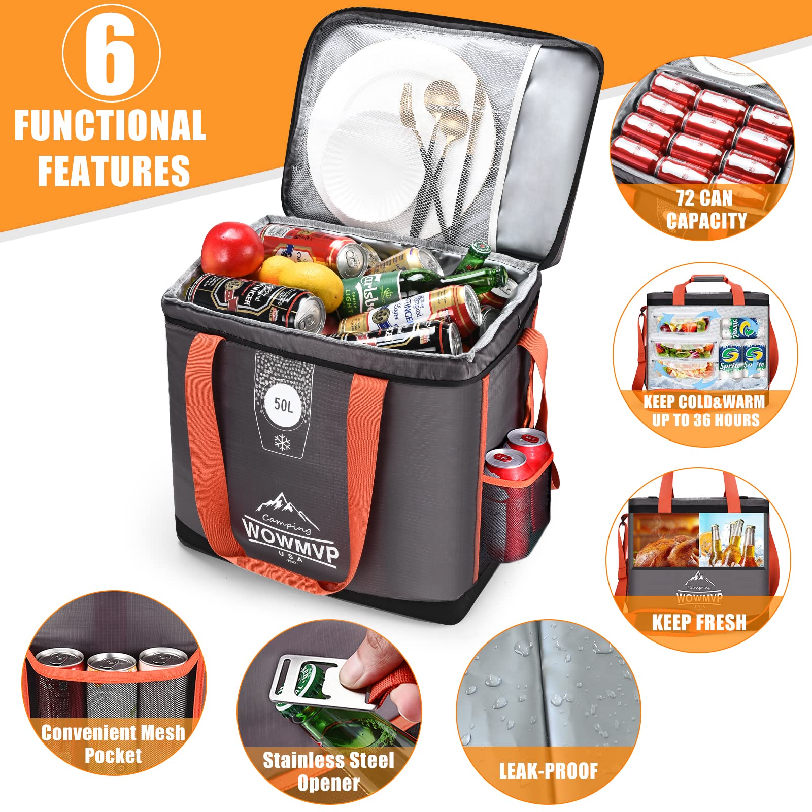 WOWMVP 50L Portable Cooler Bag with Advanced Insulation, Multiple Pockets, and Built-in Bottle Opener, Suitable for Picnics, Camping, Hiking, and Office Work