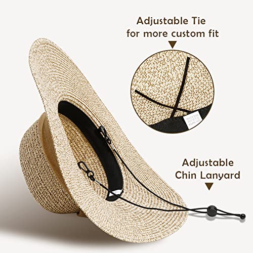 Womens Beach Straw Sun Hat: Large Ladies Foldable & Packable Floppy Hats with Wide Brim-UPF 50 UV Protection Summer Sunhat (Mixed Coffee)