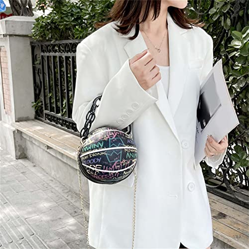 Womens Cross Body Handbag Basketball Shaped Chain Round Messenger Tote Shoulder PU Leather All-match Satchel Small Bag (Graffiti A)