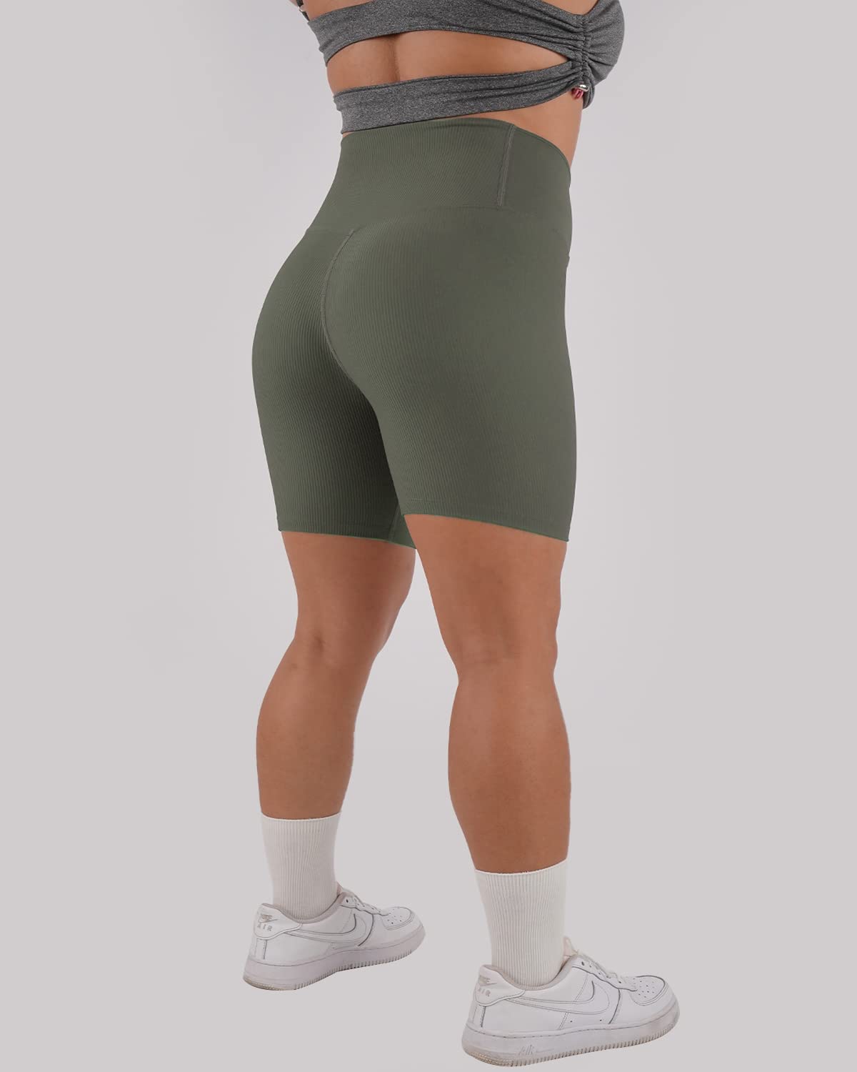 Womens 5" Crossover Workout Shorts High Waisted Ribbed Butt Lift Biker Running Compression Yoga Shorts Black