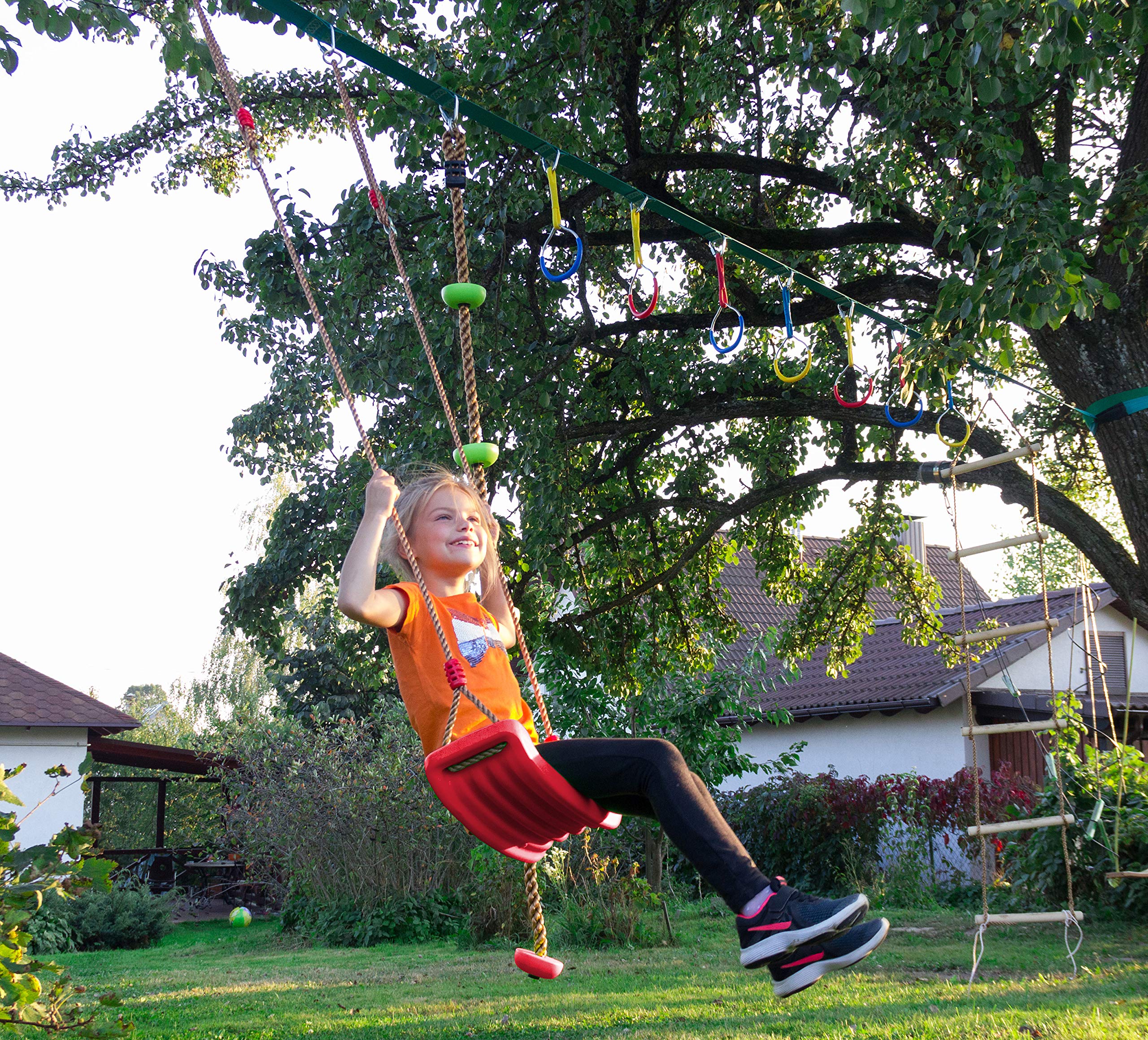 Swing seat Red for Kids and Adults with Length Control Hinge - 220lb Load - Ninja Slackline Ready - Triangle carabiners Included - Playground Swing Set Accessories Replacement