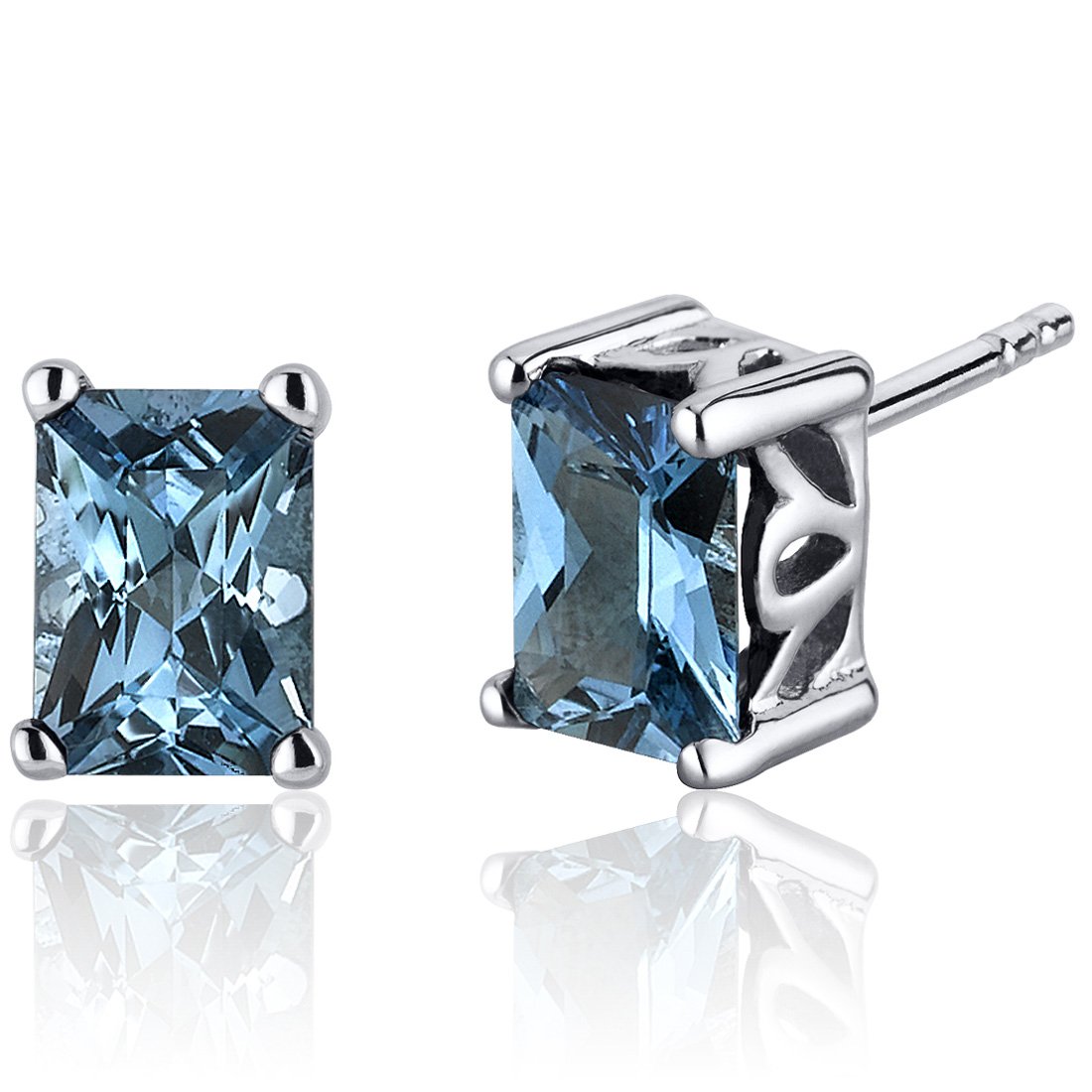 Peora London Blue Topaz Sterling Silver Stud Earrings for Women, Scroll Design, 2 Carats total Radiant Cut 7x5mm