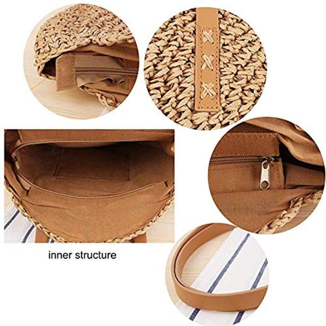 Straw Bag Women Handwoven Round Straw Handbag Natural Chic Large Summer Beach Tote Woven Handle Shoulder Bag (Khaki)