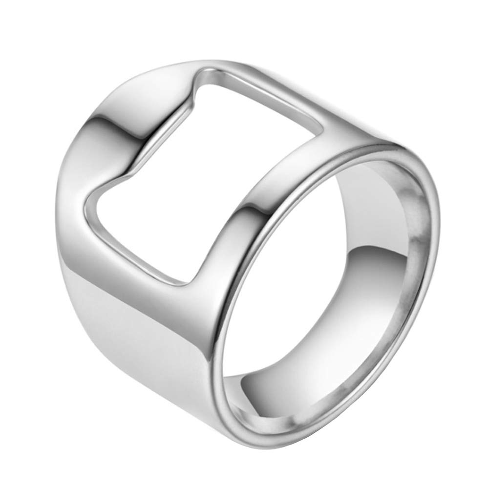 WOYNJI Stainless Steel Creative Beer Bar Tool Finger Bottle Opener Ring for Men Women, Silver Size 10
