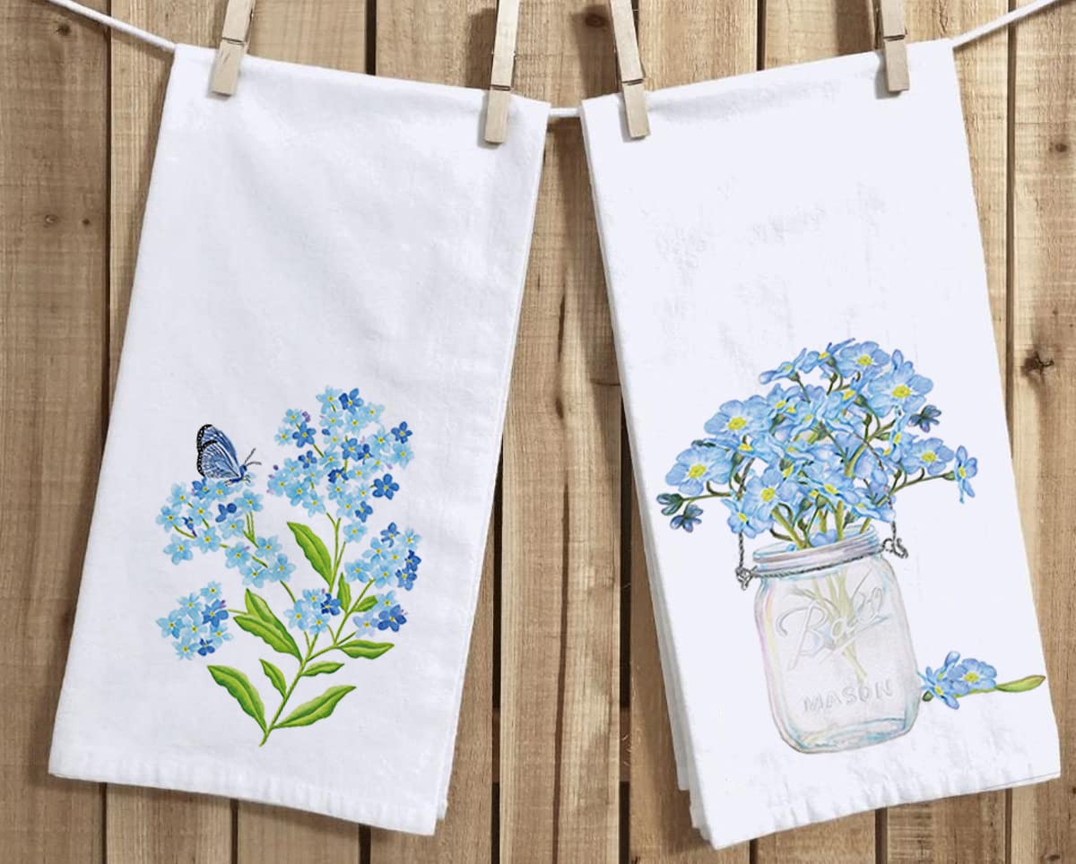 Watercolor Forget Me Not Kitchen Dish Towel 18 x 28 Inch Set of 2, Spring Summer Floral Tea Towels Dish Cloth for Cooking Baking