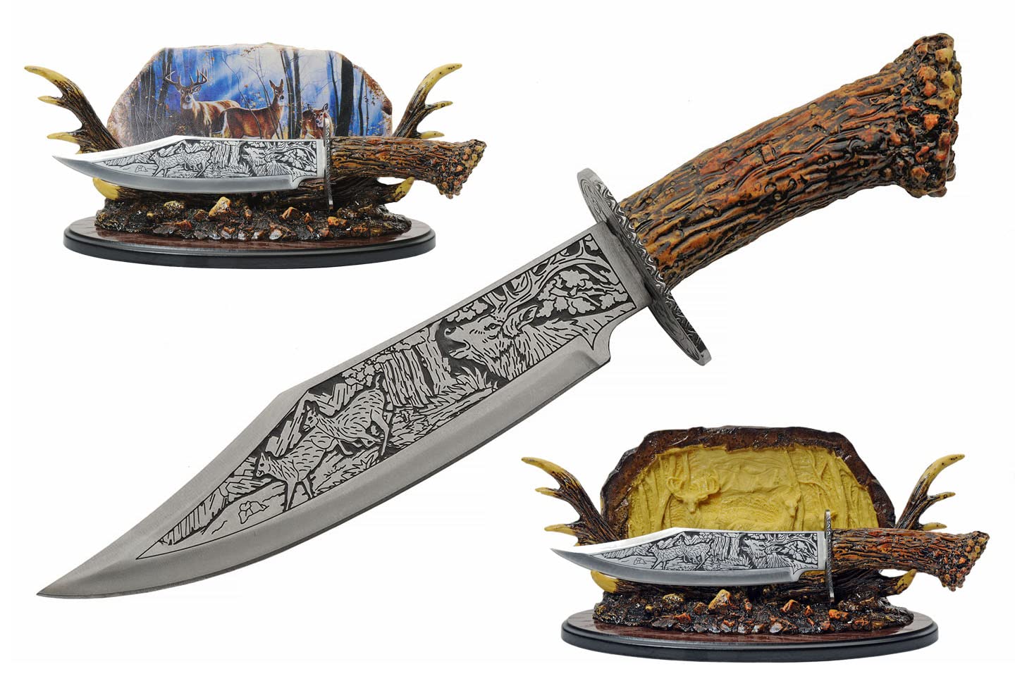 Szco Supplies 11.5” Decorative Deer Etched Blade Outdoor Hunting Knife with Display Relief Art/Printed Antler Stand,Brown,211529-DE