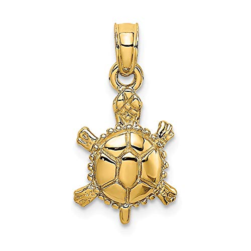 Solid 14k Yellow Gold 3-D Land Turtle Charm Pendant - 12mm x 9mm