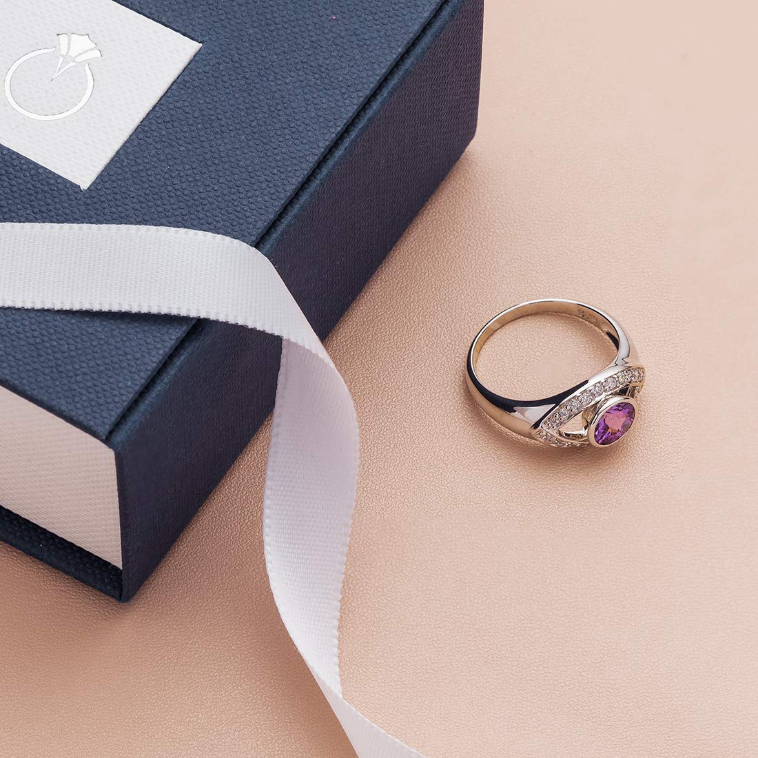 PEORA Simulated Alexandrite Ring in Sterling Silver, Enlightened Eye Design, Round Shape, 6mm, 1 Carat total, Size 8