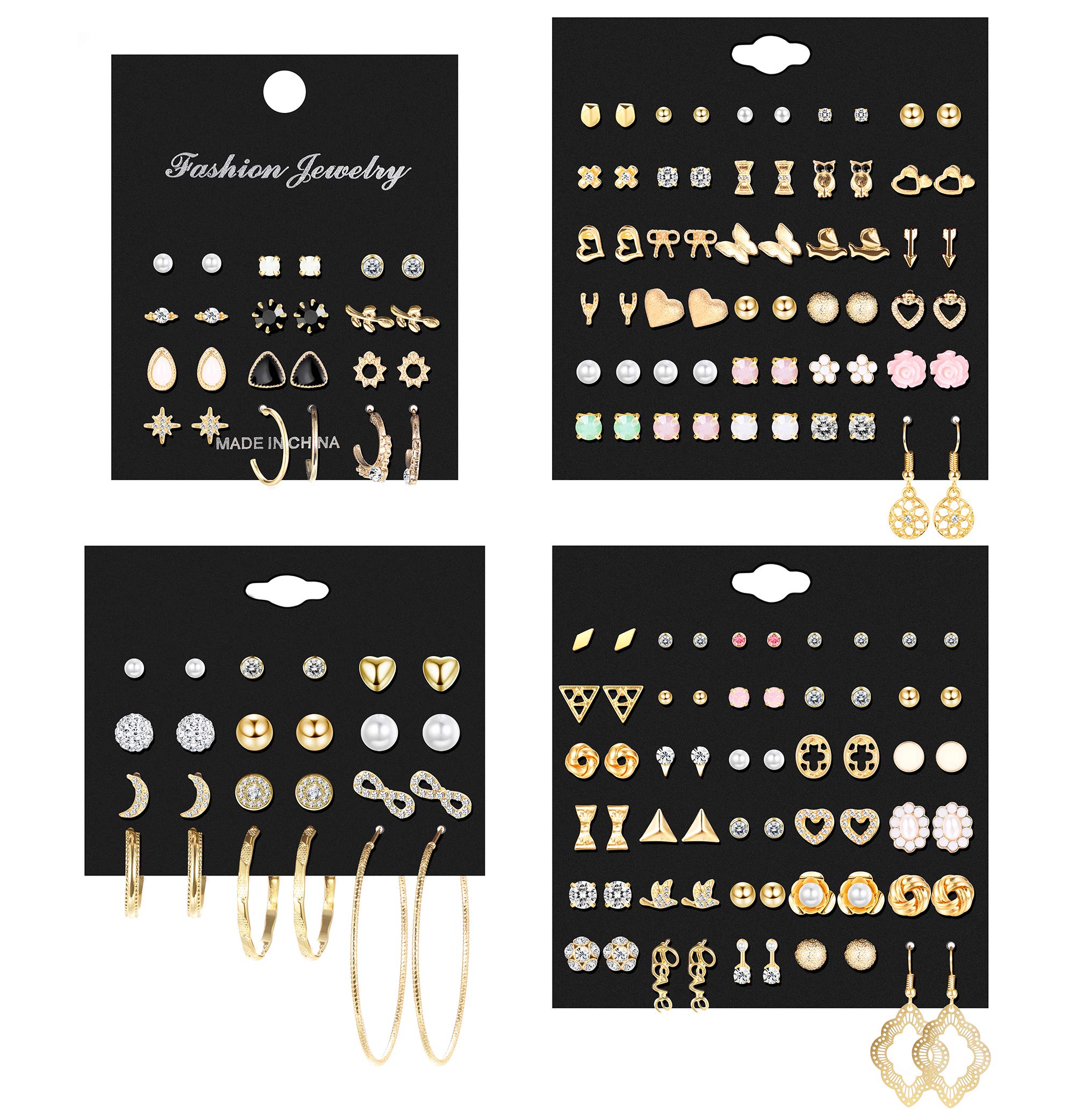 SAILIMUE 84 Pairs Assorted Multiple Stud Earrings Hoop Set Dangle Cute Hypoallergenic CZ Bow Butterfly Flower Leaf Ball Simple Drop Earrings Stud for Women Pack