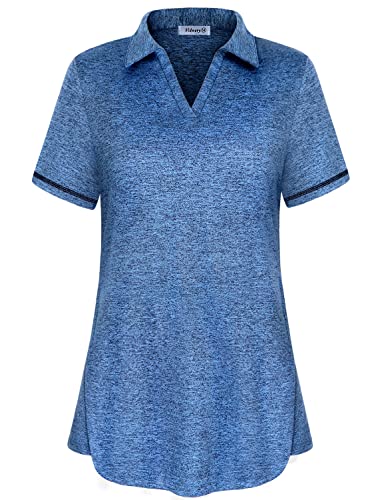Workout Tops for Women Golf Tennis Polo Shirts Short Sleeve V Neck Loose Fit Plain Yoga T-Shirts Blue