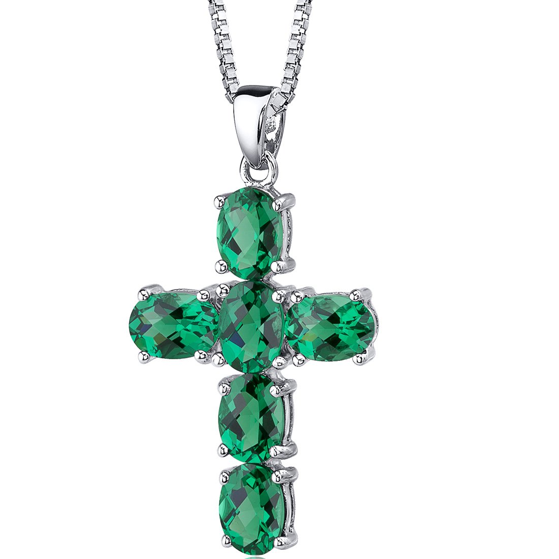 PEORA Simulated Emerald Cross Pendant Necklace for Women 925 Sterling Silver, 4.50 Carats total Oval Shape, with 18 inch Chain