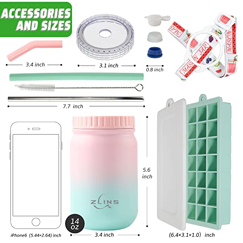 ZLINS Insulated Cup with Straw and Lid with Ice Cube Tray, Iced Coffee Drinking Mug, Reusable Stainless Steel Travel Tumbler, Double Wall Vacuum for Smoothie 14 OZ(Blue/Pink Set)