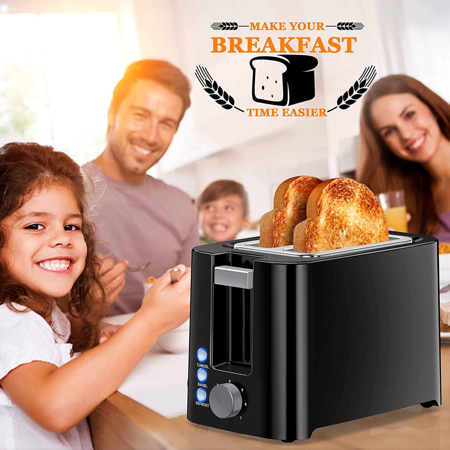 Toaster 2 Slice - Black Best Rated Prime Wide Slot Toasters the for Bagel Bread Waffle Two with 7 Shade Settings & Removable Crumb Tray