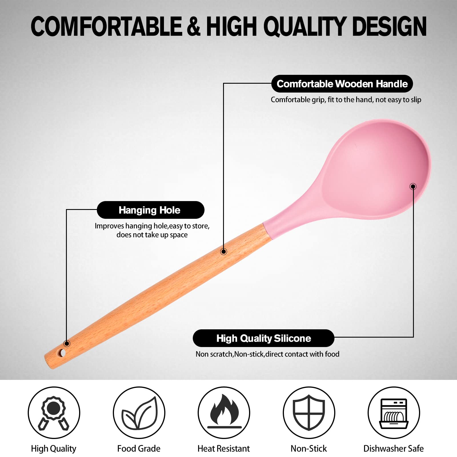 Silicone Cooking Utensils 35 Piece Set, ONATISMAGAIN Kitchen Utensil Set Heat Resistant Non-Stick Cookware with Wooden Handle Suitable for Household Necessities Spatula Spoon Set (Black)