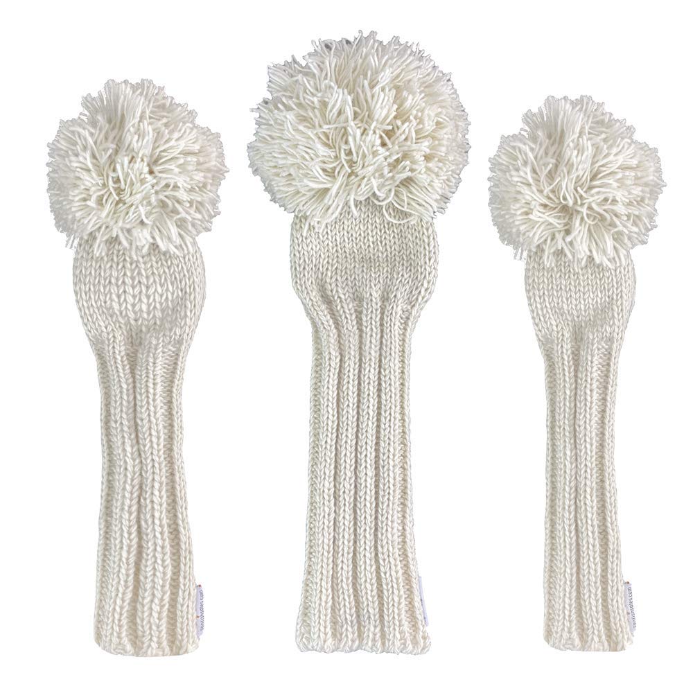 Sunfish Knit Wool Golf Headcover Set White Out Driver Fairway Hybrid All White