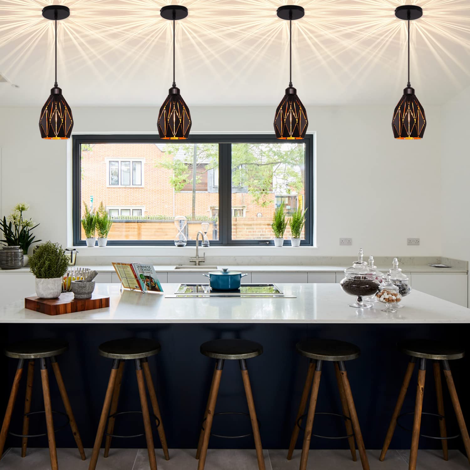 Retro Pendant Light Fixtures 3 Pack Industrial Pendant Lighting Adjustable Hanging Light Fixtures with Geometric Black Metal Shade Farmhouse Pendant Light Ceiling Lamp for Kitchen Island