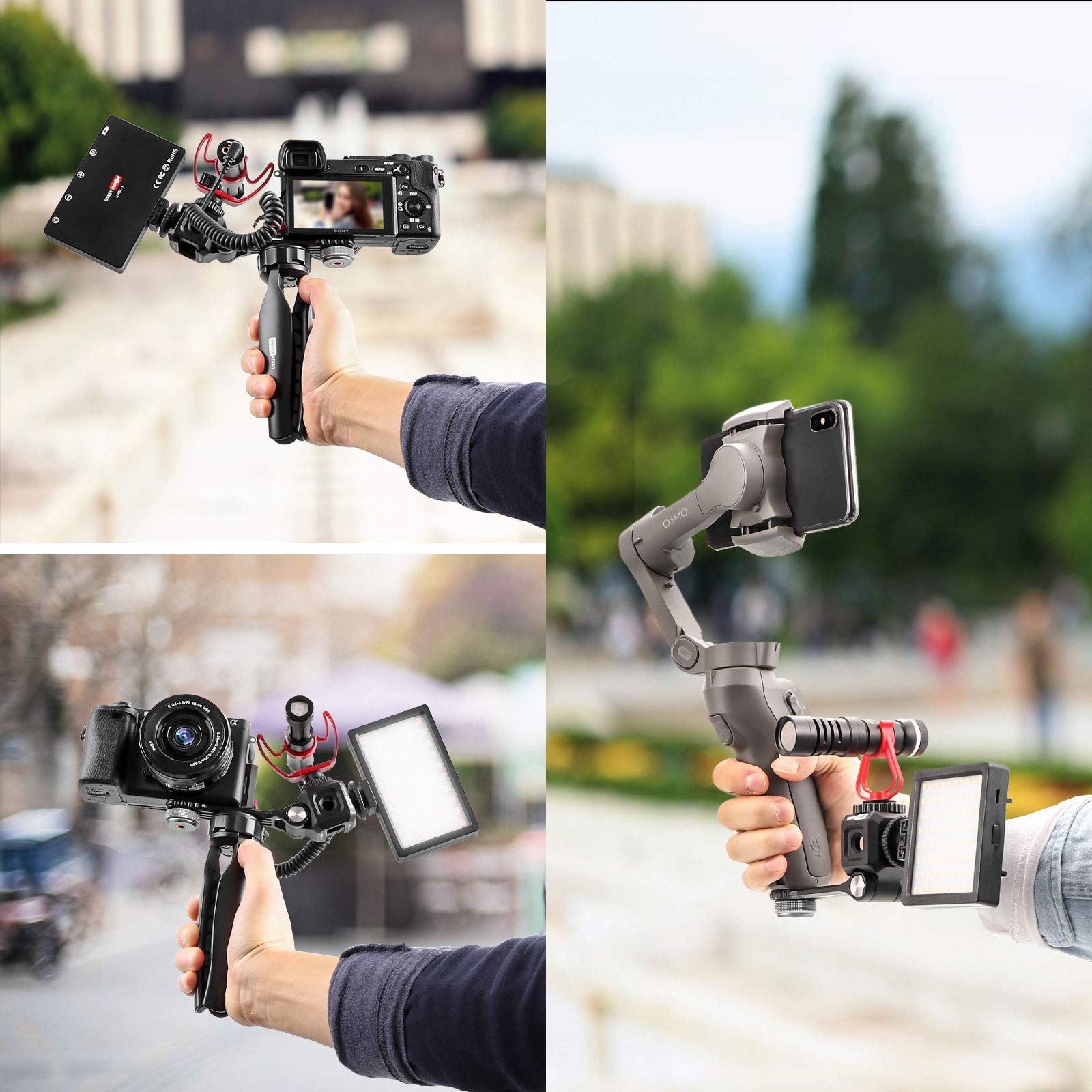 USKEYVISION Triple Cold-Shoe Mount Bracket Kit for Camera & Gimbal 180° Roll Microphone Video Light Mount Dual 1/4in Thread Compatible with All DSLR Cameras & All Gimbals (UVCS-2)