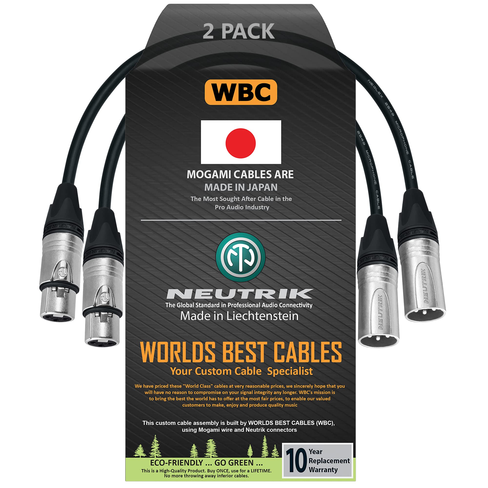 WORLDS BEST CABLES 2 Units - 1 Foot - Balanced Microphone Cable CUSTOM MADE using Mogami 2549 (Black) wire and Neutrik NC3MXX & NC3FXX Silver XLR Plugs