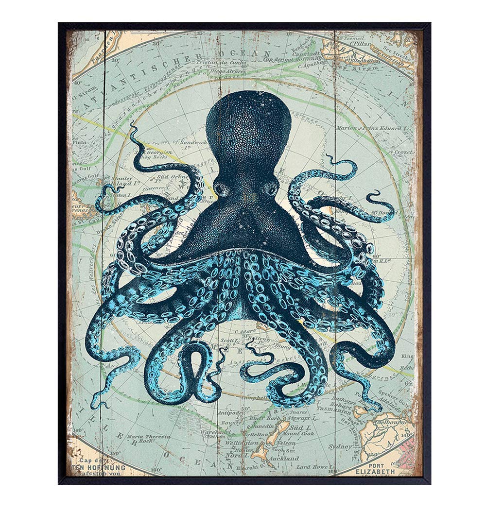 Retro Style Nautical Home, Office, Apartment or Wall Decor Picture - Vintage Octopus Photo Print is Great Gift or Decoration for Bathroom, Beach or Ocean House - 8x10 Art Poster