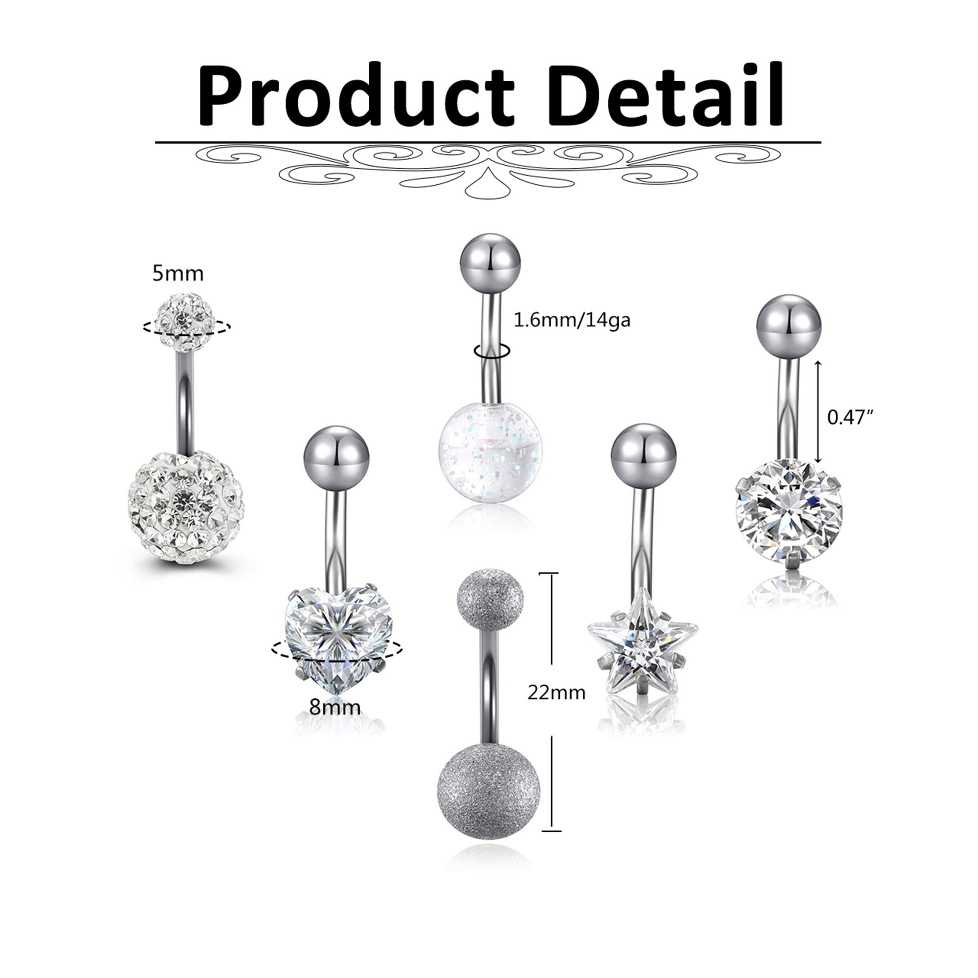 Sunligoo 14G Belly Button Rings for Women Stainless Steel Cubic Zirconia Belly Button Piercing Jewelry Silver