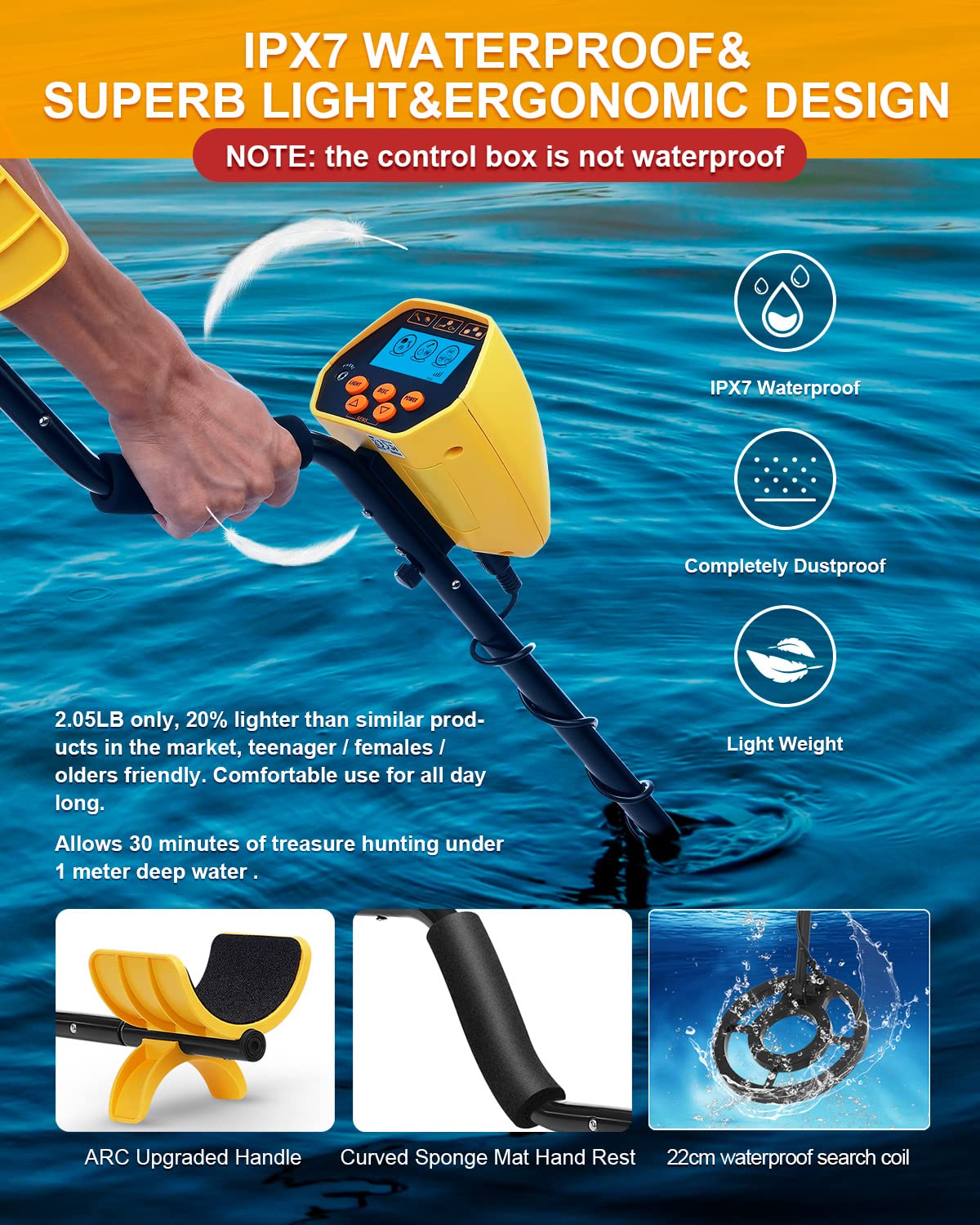 SAKOBS Metal Detector, High Accuracy Waterproof Metal Detectors with LCD Display & LED Light, Discrimination & All Metal Mode 8.6 Inch Search Coil for Adults & Kids