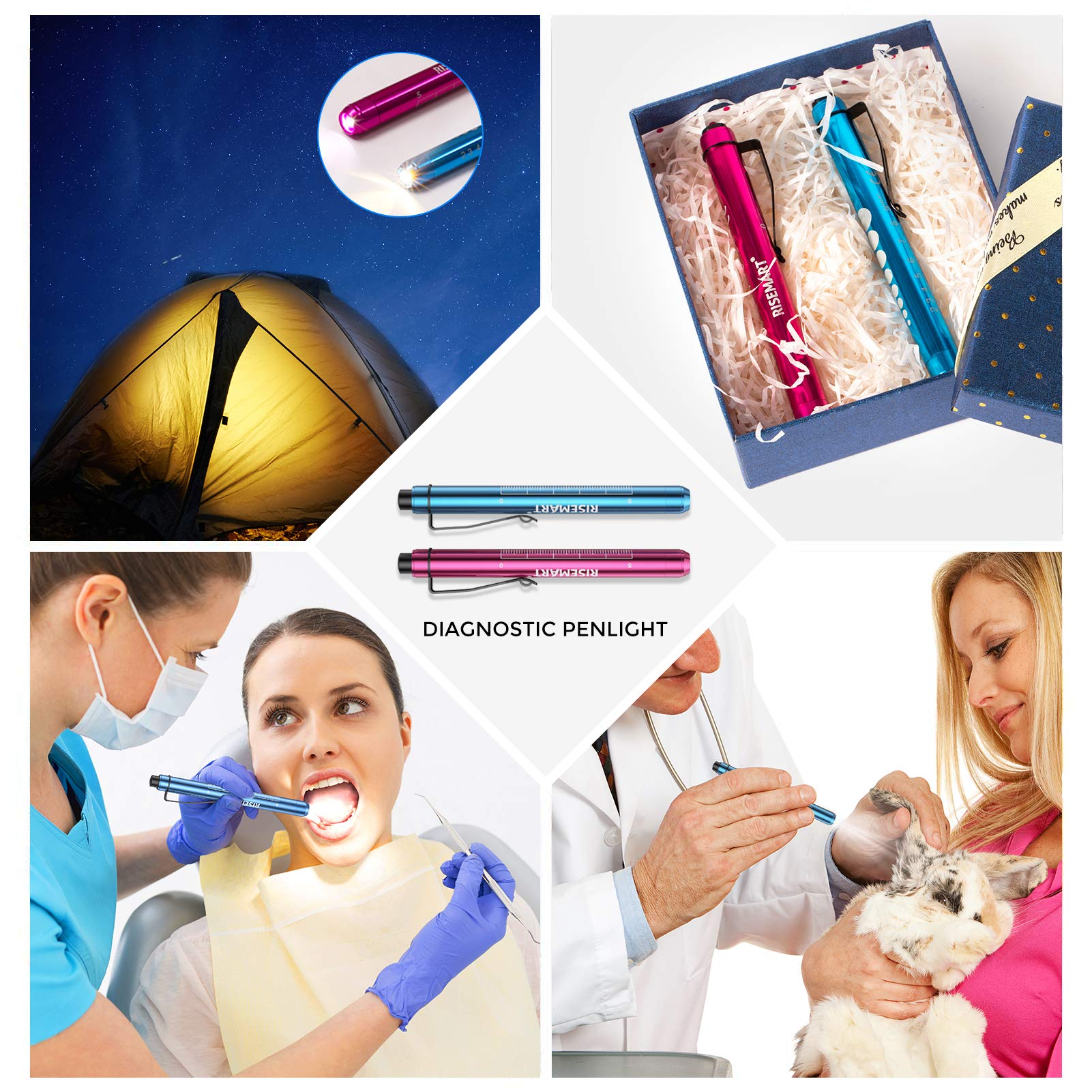 RISEMART Pen Light, Nurse Led Medical Penlight with Pupil Gauge for Nursing Students Doctors Red and Blue with Batteries