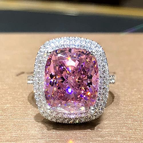ZJQZBSS 925C sterling silver full diamond engagement ring square micro-set pink diamond ring cubic zirconia ring sweet proposal ring (8)