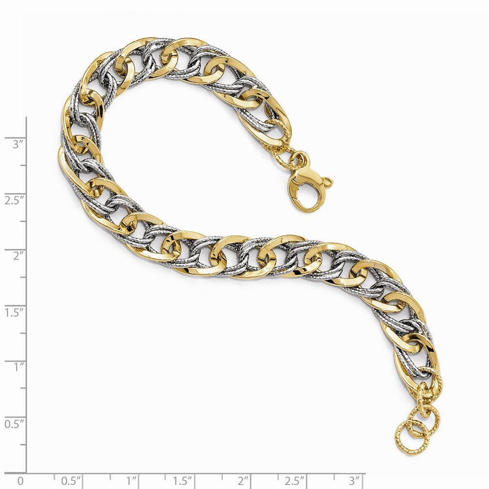 Solid 14k Yellow and White Gold Two Tone and Textured Unique Link Bracelet - with Secure Lobster Lock Clasp 8" (Width = 9mm)