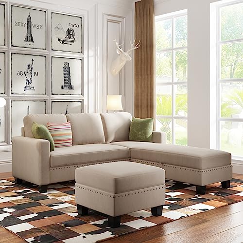 RUIZE Elegant Full Size Linen Upholstered Daybed Reversible Sectional Couch with Storage Ottoman L-Shaped Sofa, Sectional Sofa with Chaise