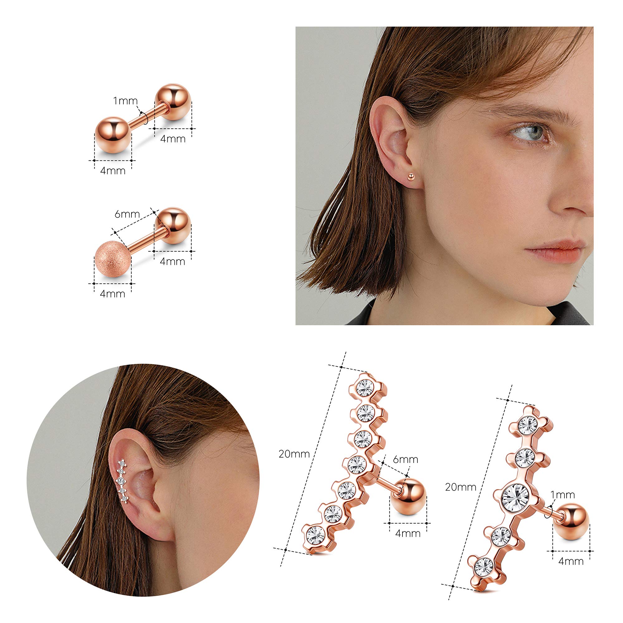 Subiceto 24 Pcs 18G Cartilage Stud Earrings for Women Stainless Steel Cz Helix Tragus Labret Ear Body Piercing