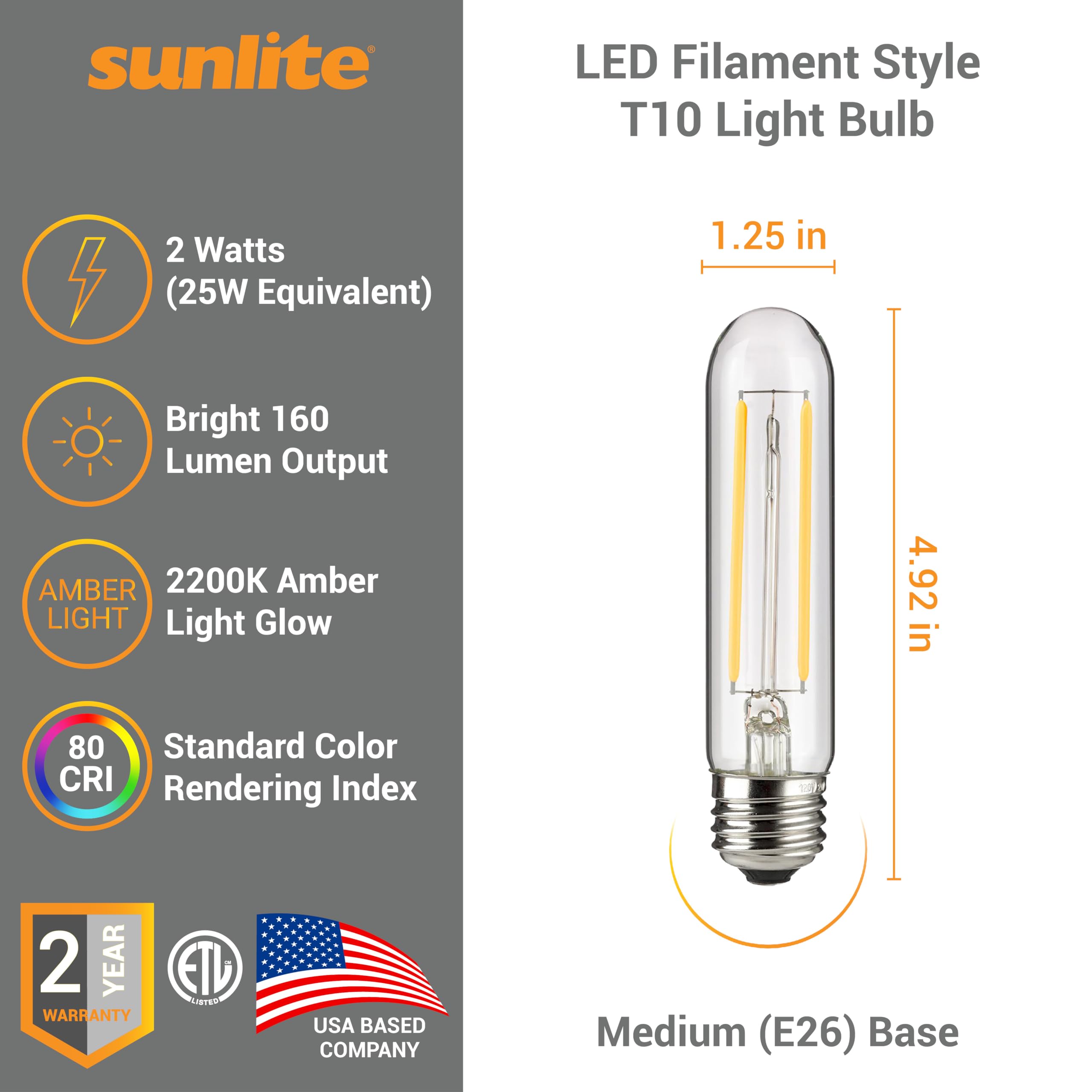 Sunlite LED Filament T10 Tubular Light Bulb, 2 Watts (25W Equivalent), 160 Lumens, E26 Base, Dimmable, 126mm, 2700K Soft White, 1 Pack