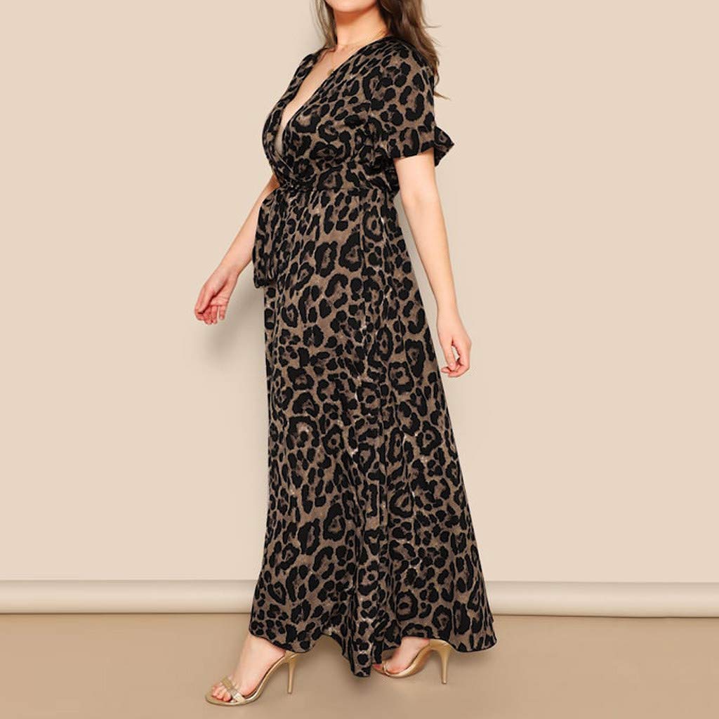 Women Leopard Maxi Dress Plus Size Wrap Deep V Neck Long Dress High Waisted Belt Ruffle Swing Dress