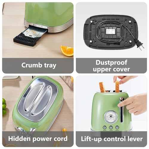 Toaster Retro 2 Slice, Vintage Toaster, Green Toaster, With Stainless Steel Lid, With Bread Attachment, Preheat, Defrost And Cancel Functions, 6 Browning Levels (Green)