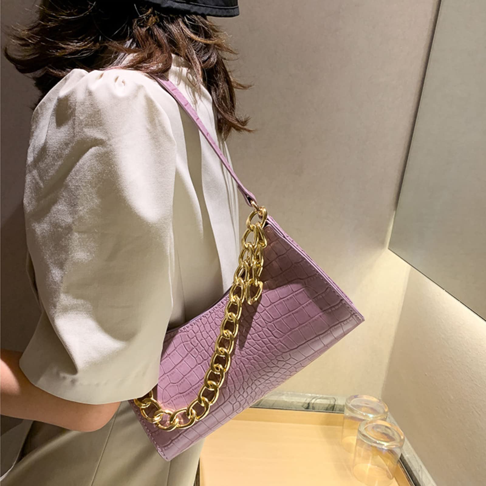 Women Shoulder Purse 90s Retro Handbags With Chain Decor Handle Design Crocodile Pattern Clutch Bag, Purple