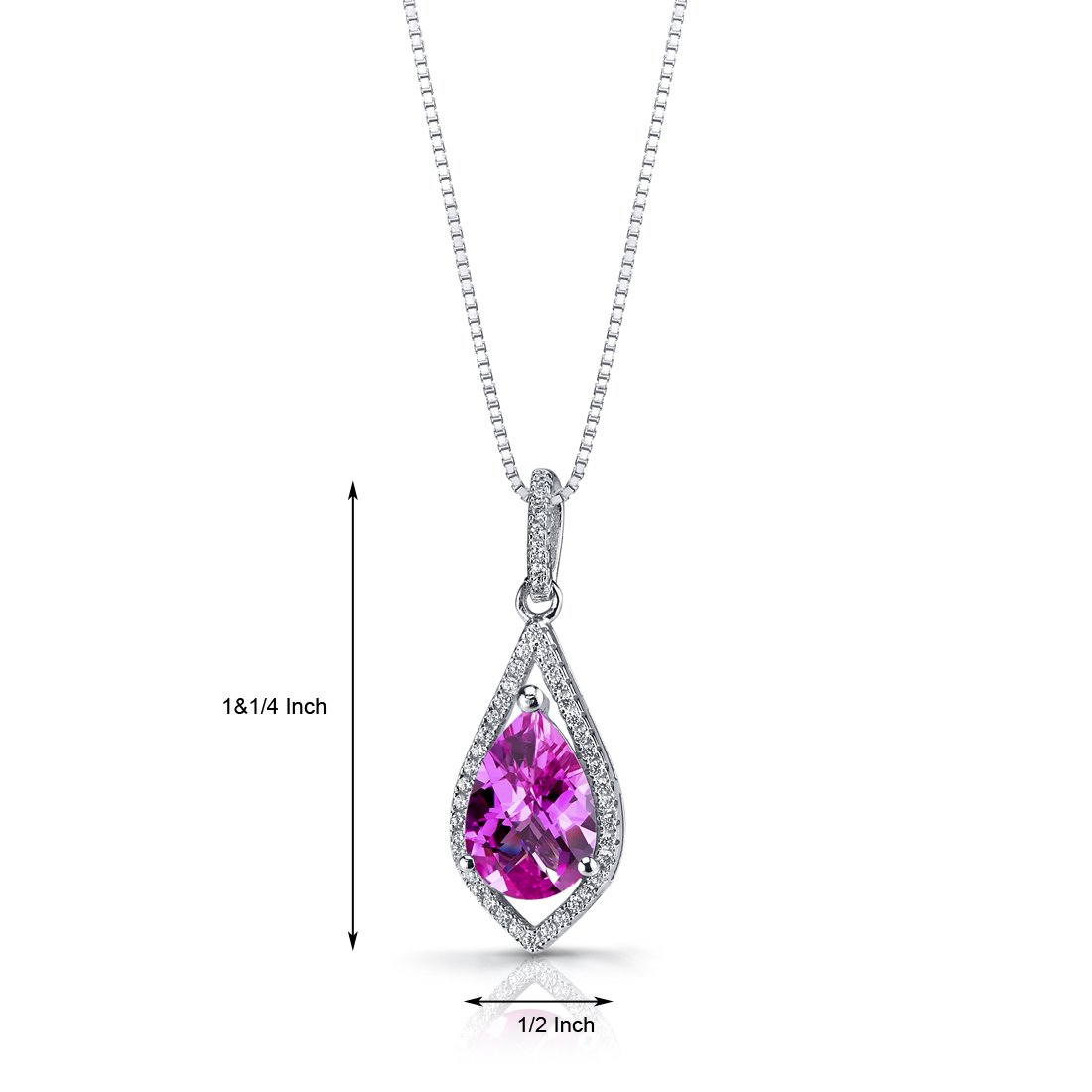 PEORA Sterling Silver 4 Carats Created Pink Sapphire Floating Teardrop Pendant Necklace for Women, Pear Shape 12x8mm, with 18 inch Chain