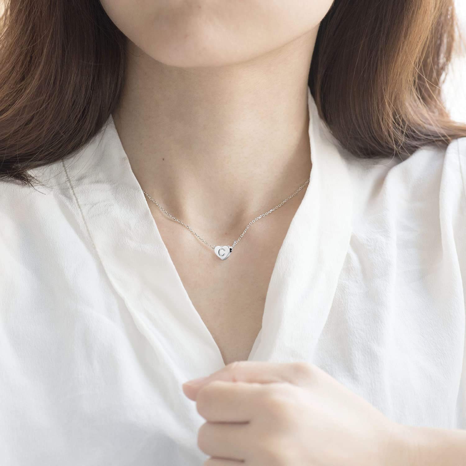 Tiny Initial Heart Necklace - 14K Gold Plated Letter Heart Pendant Necklace for Women (A-Silver)