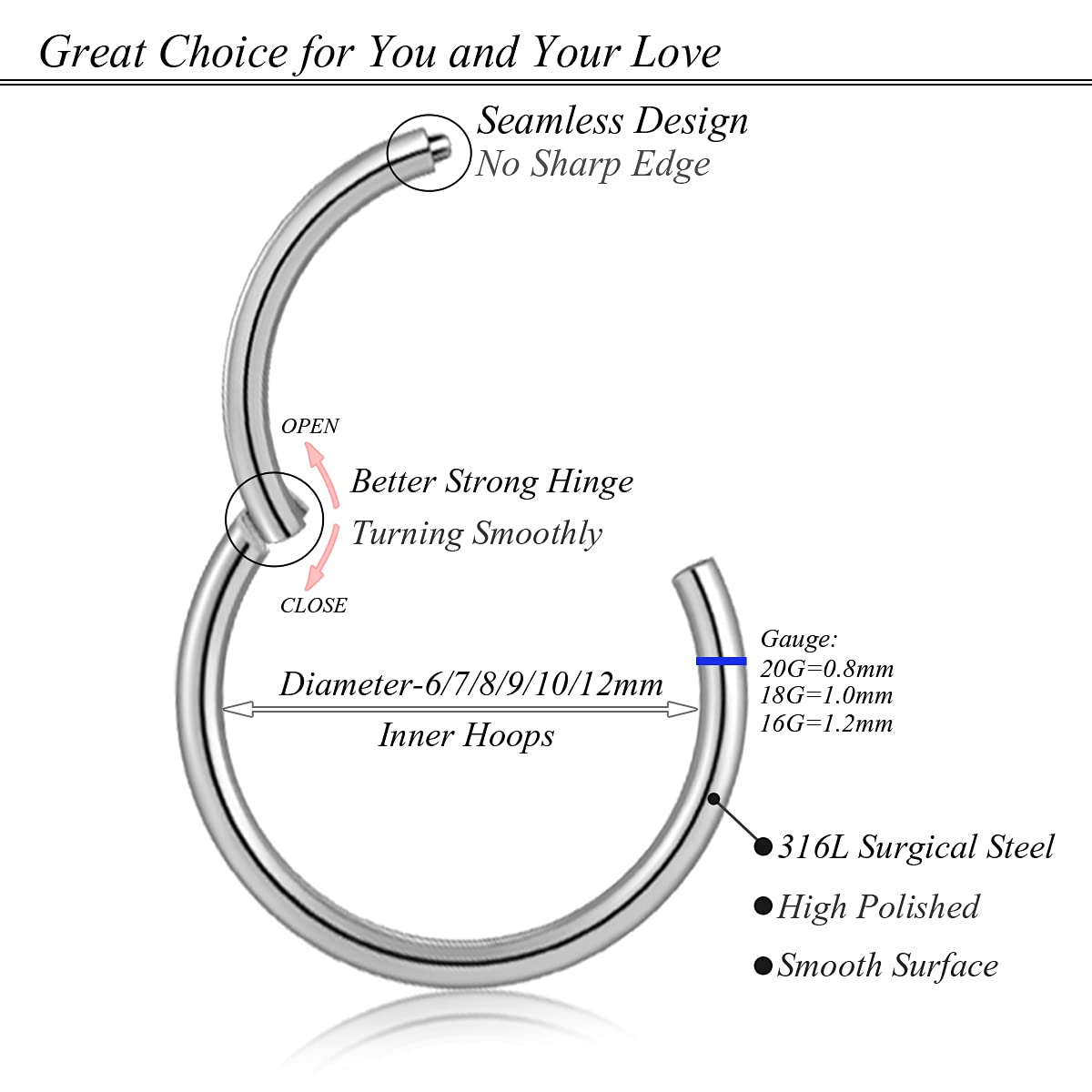 T&Y 18G 10mm Silver Septum Nose Ring for Women Titanium Stainless Steel Cartilage Piercing Hoop Earrings for Forward Helix Tragus Daith Conch Lip Ring