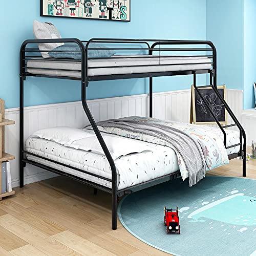 Prohon Metal Bunk Bed Twin Over Full Size with Enhanced Upper-Level Guardrail,Removable Stairs, Heavy Duty Sturdy Frame Space-Saving Design Bunkbeds for Teen Adults, No Box Spring Needed, Black