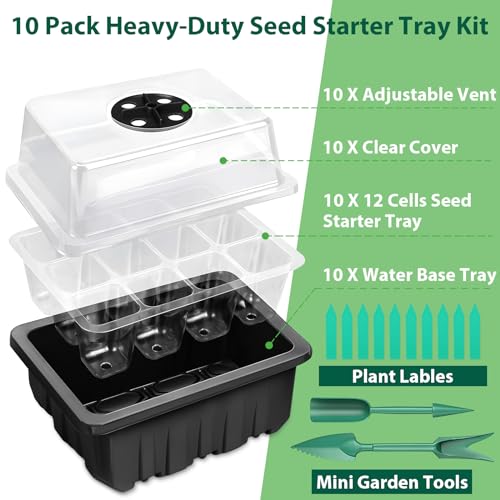 Sfee 10 Pack Seed Starter Tray Kit, 120 Cells Seedling Starter Trays with Humidity Dome and Base Greenhouse Growing Trays, Reusable Seedling Tray with Garden Tools Labels (Black)