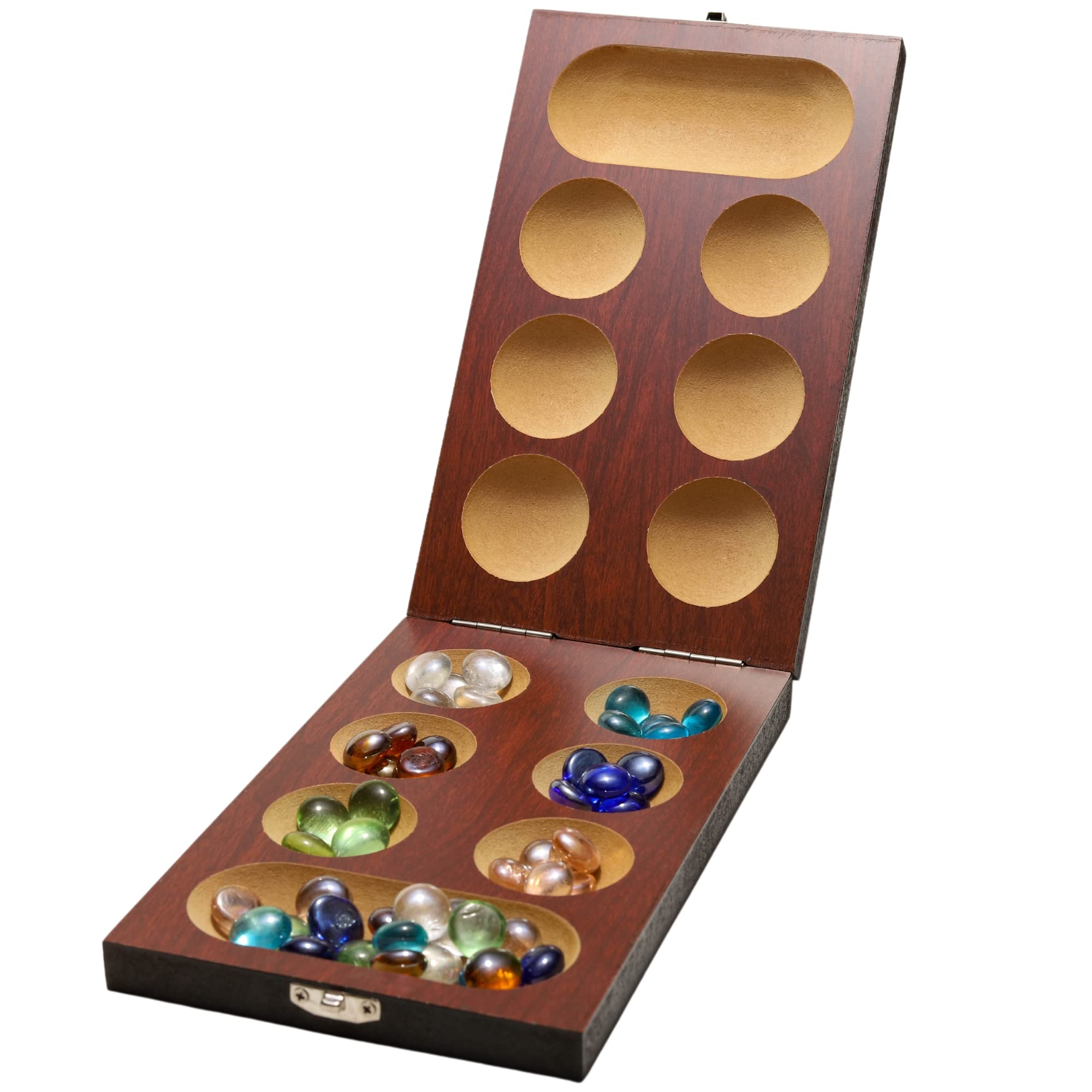 RNK Gaming Mancala Board Game with Folding Wooden Board and Colorful Glass Stones for Adults and Kids