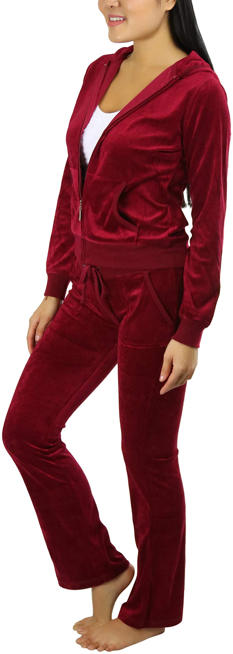 ToBeInStyle Women’s Cozy Lounge Velour Hooded Jacket and Matching Pants - Burgundy - M